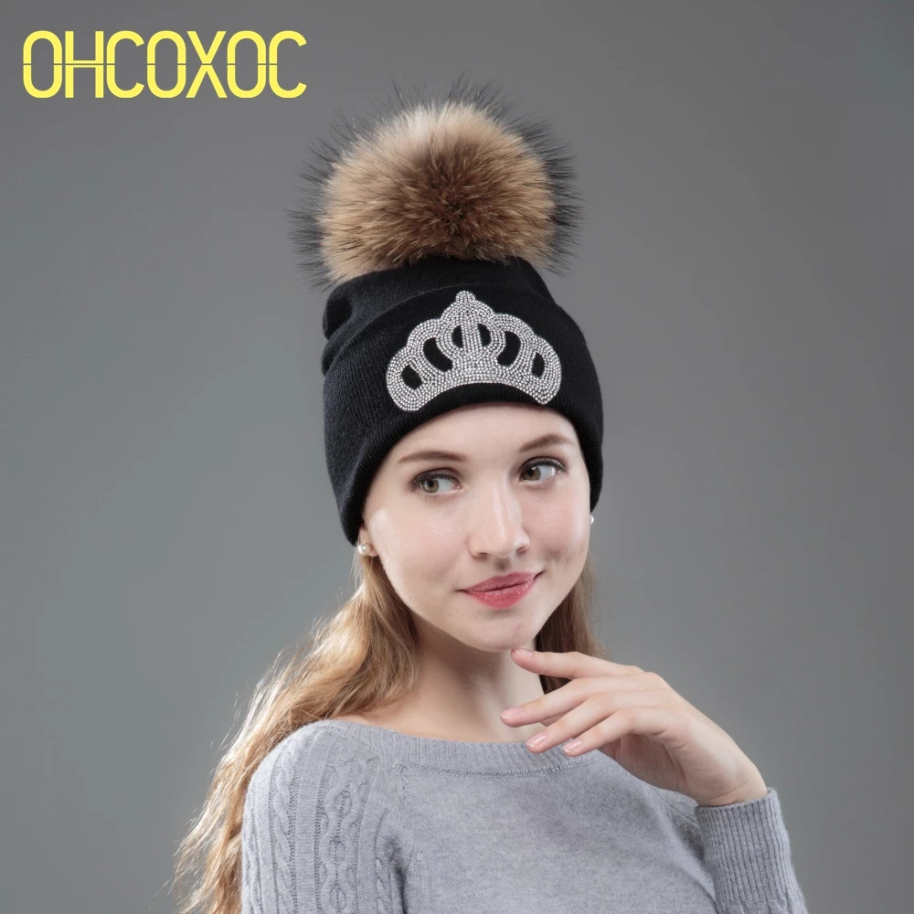 new fashion crown pompom winter hats for women woman girls genuine mink ...