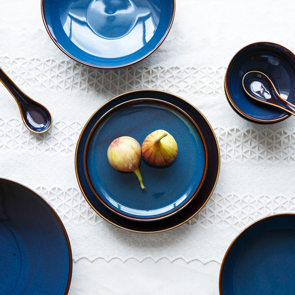 Single Dim Deep Blue Color Ceramic Tableware European Retro Glazed ...