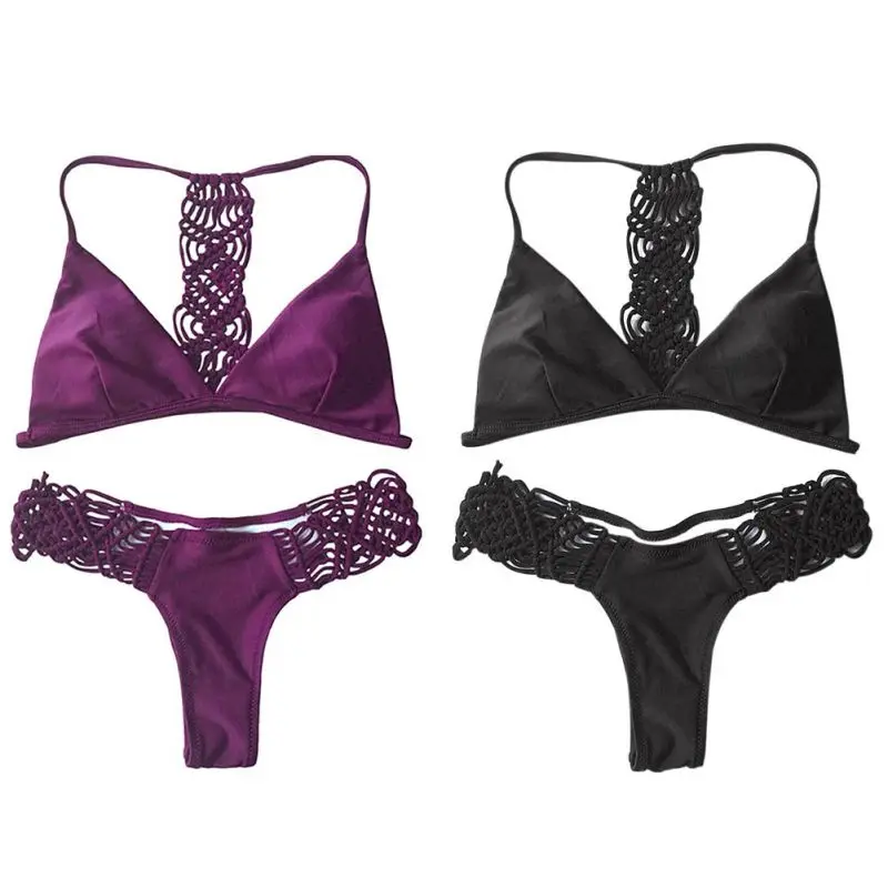 Summer Women Sexy Solid Color Swimwear Bandage Bikini Set Push Up