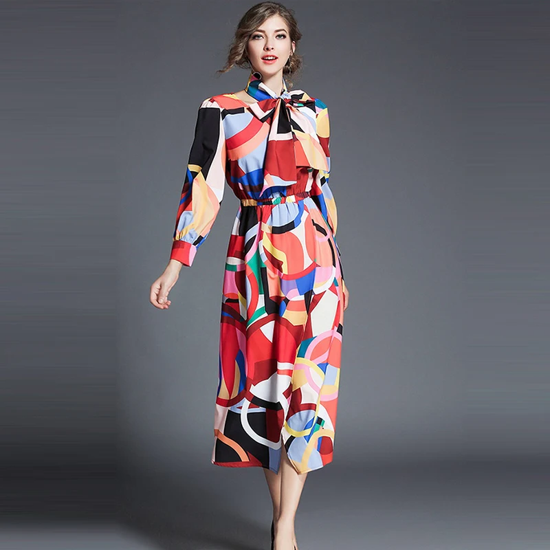 2018 New Women Casual Colorful Print Dress Spring Fashion Style Dresses ...