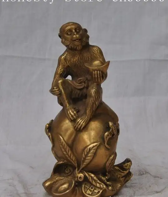 6" chinese Folk fengshui brass copper yuanbao Monkey Peaches Money ...