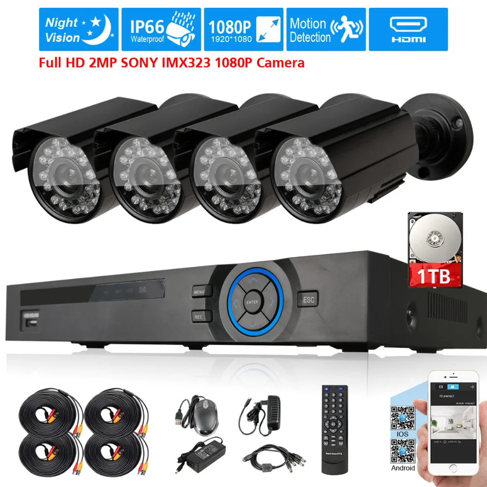 1TB 2TB HDD CCTV System 1080P AHD DVR NVR 4PCS 2MP Full HD SONY 323 ...