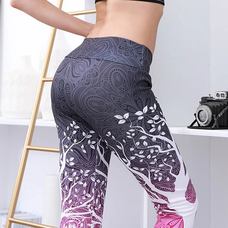 Vertvie Tree Printed Women Sport Leggins Female Push Up Yoga Pants High