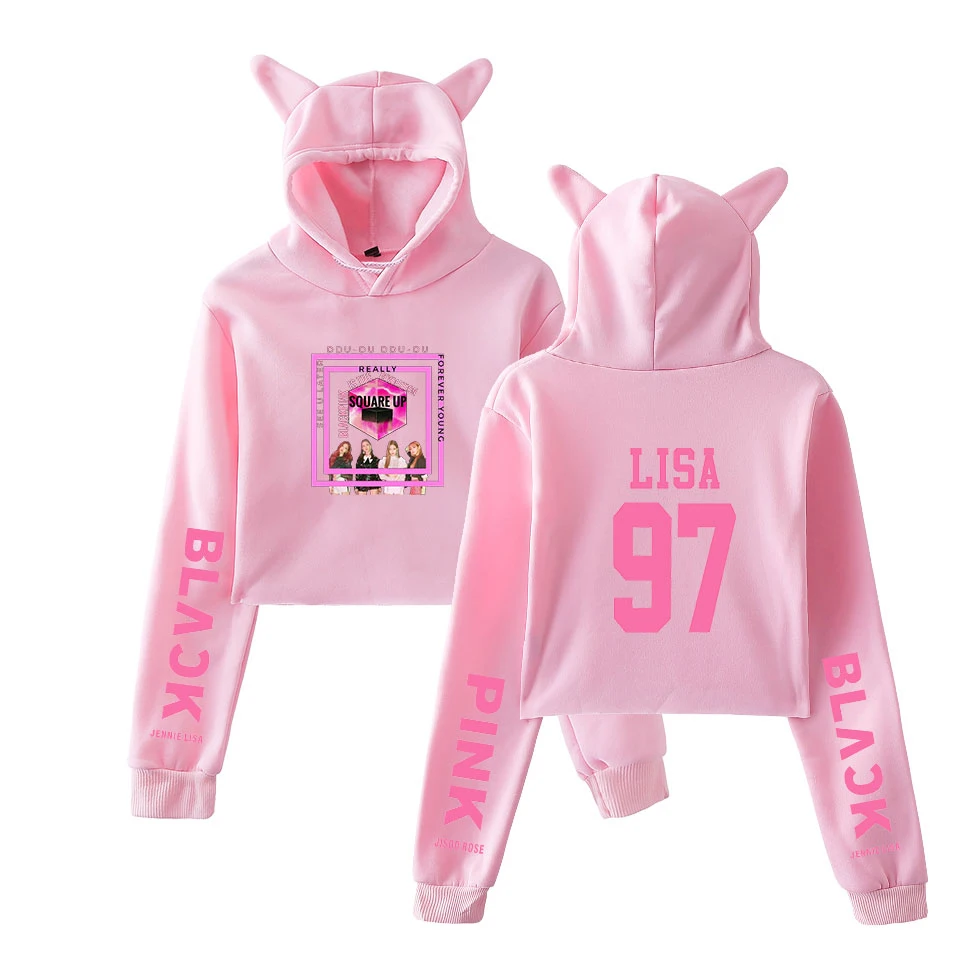 Black Pink Hoodies Harajuku Pullover Female Sexy Cat Ear Short