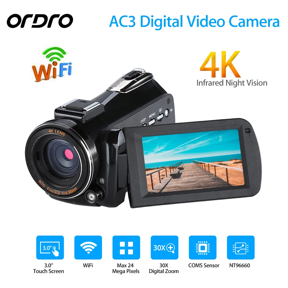 [ Original Authorized ] Ordro AC3 HDV UHD 4K WiFi 24MP 30X Zoom IR Night Vision Camera DV ...