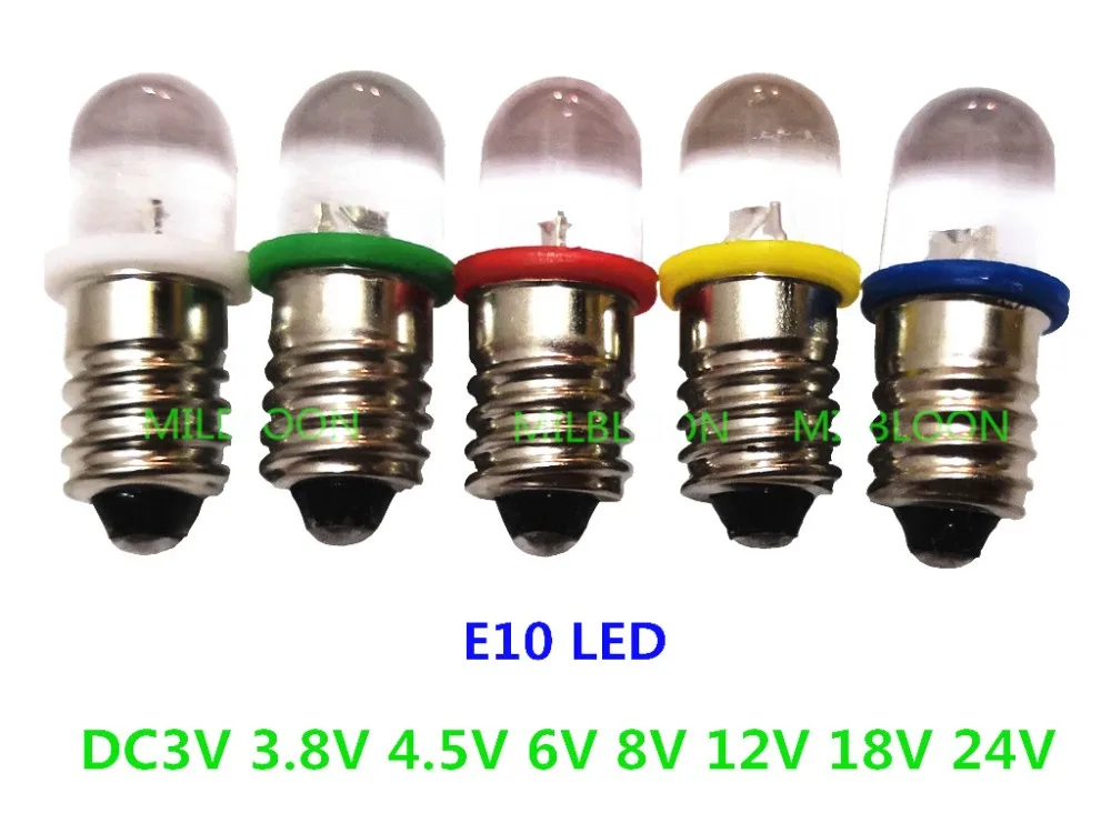 Bombilla led E10 E10 DC, 3V, 3,8 V, 4,5 V, 6V, 8V, 12V, 18V, 24V, indicador E10, linterna ...