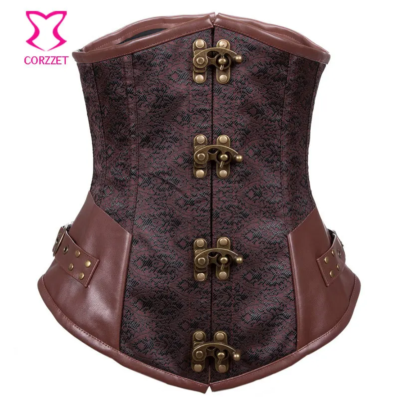 Vintage Brown Brocade Steel Boned Underbust Corset Steampunk Clothing