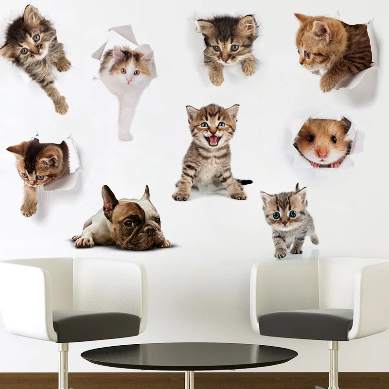 3D Cats Wall Sticker Toilet Stickers Hole View Vivid Dogs Bathroom Hoom ...