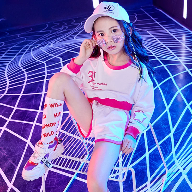 Hip Hop Dance Costume Girls Summer Clothing Loose Style White Set ...