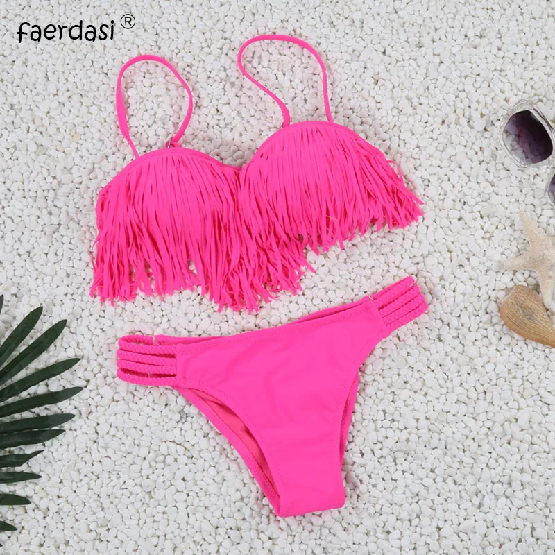 Faerdasi 2017 Micro Bikinis Women Solid Bathing Suit Sexy Tassels
