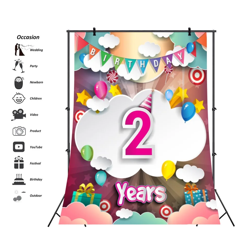 Laeacco Happy Baby 2nd Birthday Party Balloon Cartoon Flag Gift Poster ...