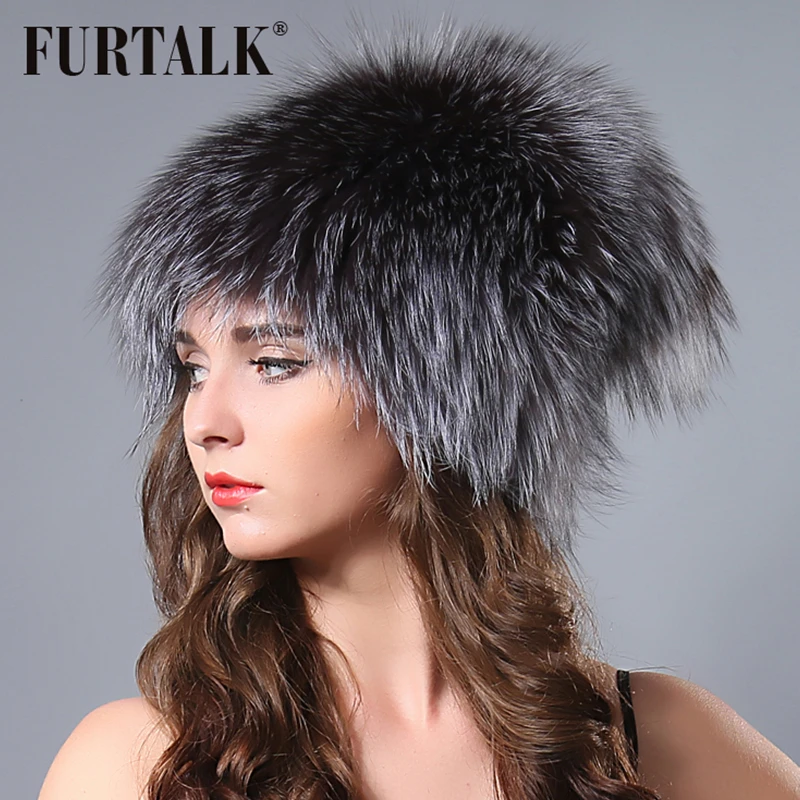 FURTALK Thick Warm Real Silver Fox Fur Hat for Women Winter Ladies ...