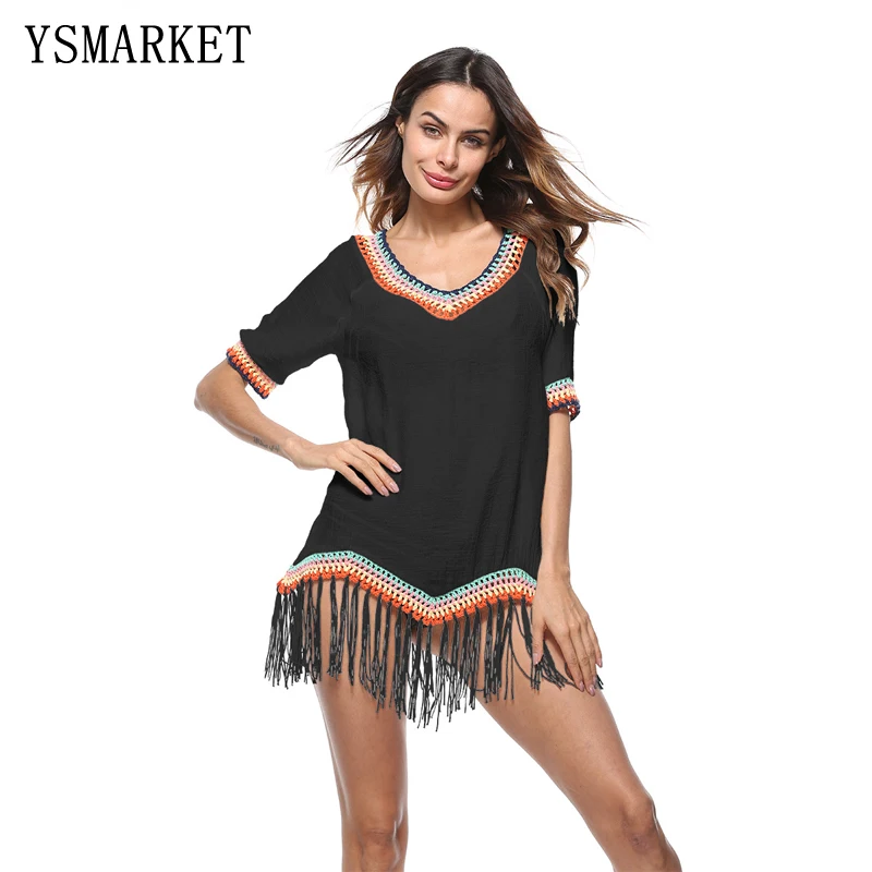 Women Sexy Bottom Tassels Swimwear Beach Mesh Dress Bikinis Cover Up