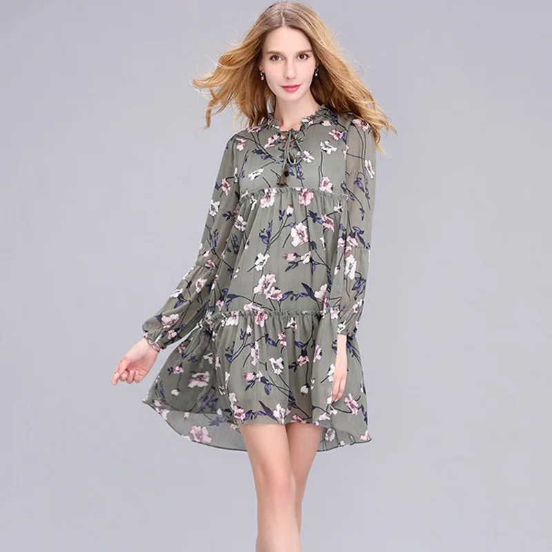 2017 Spring New Casual Pleated Print Chiffon Dress Women Long Sleeve ...