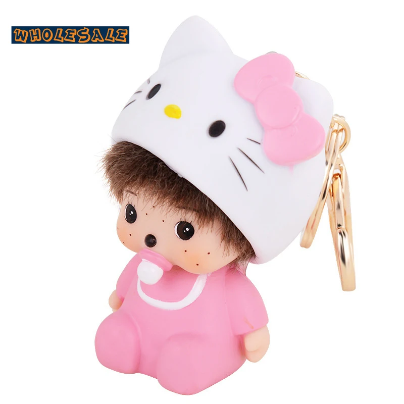Cute Pink Cartoon Dolls Monchichi Girl Keychain Kitty Cat Cap ...
