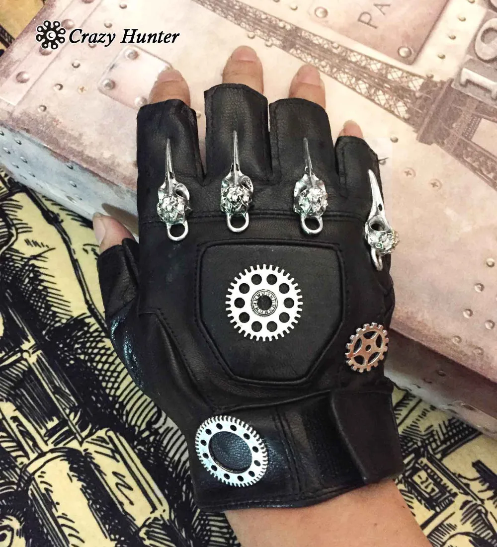 Mens Unisex Steampunk Gears Gothic Genuine Leather Half Finger ...