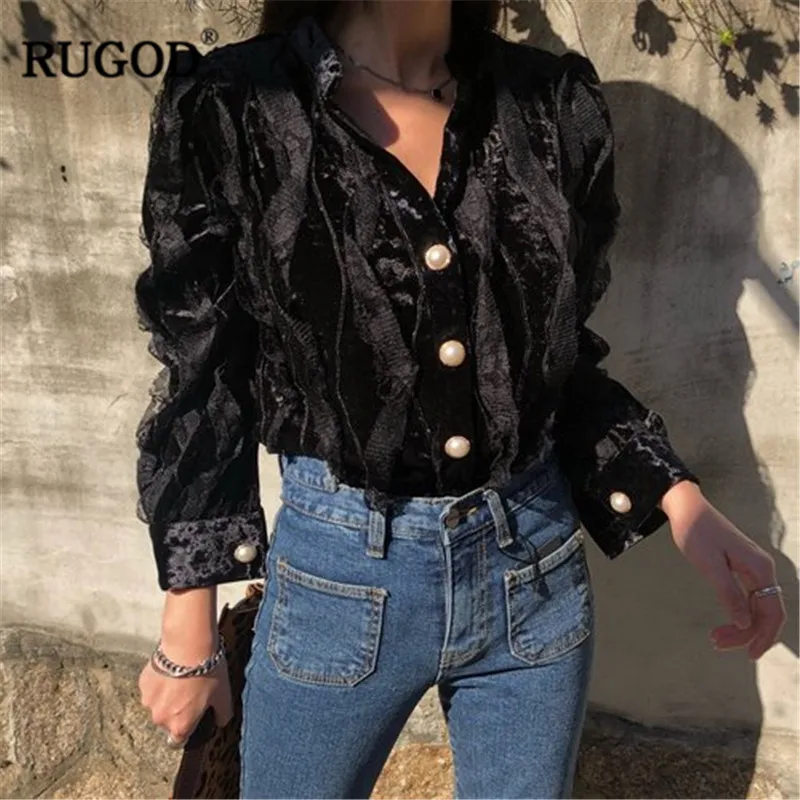 Rugod Elegant Lace Patchwork Velvet Blouse Women Vintage V Neck Long