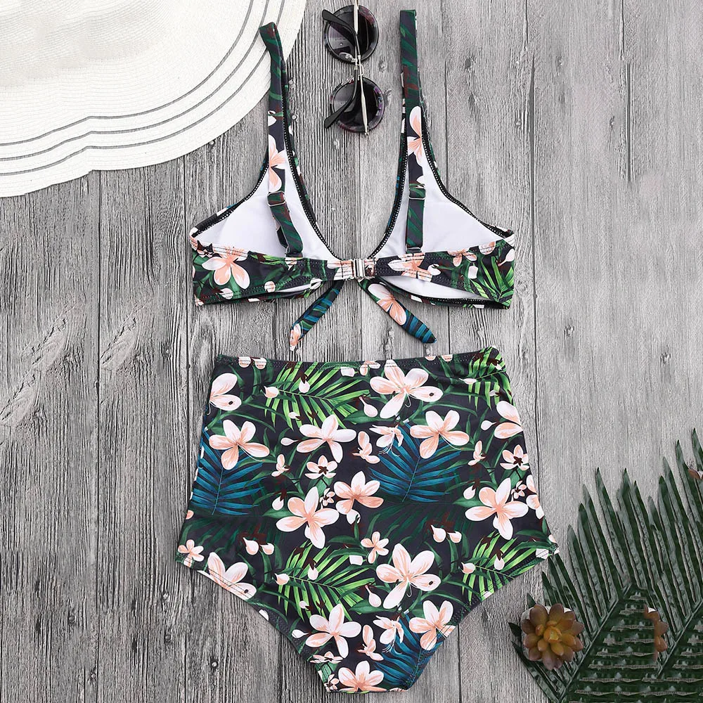Belleziva Newest Floral Bikini Halter Swimsuit Retro Swimwear High