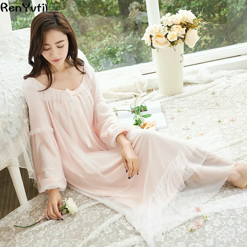 Renyvtil Vintage Royal Nightgown Sleepwear Women Spring Layers Sexy
