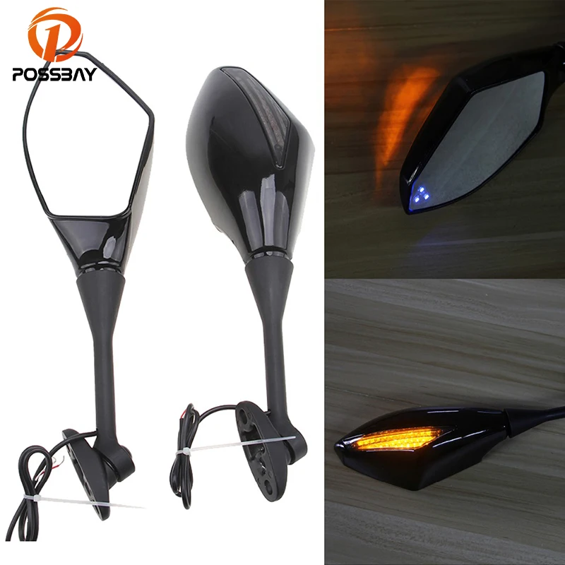 Possbay 1pair Motorcycle Mirrors Led With Turn Signal Rear View For