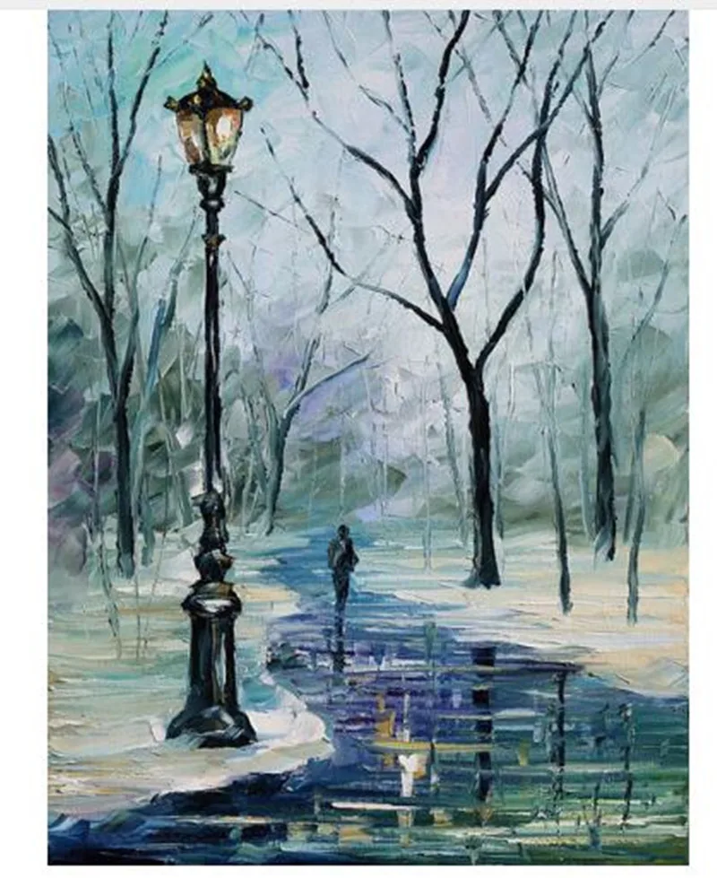 Handgeschilderde Street Scene Olieverfschilderij Acryl Winter Landschap ...