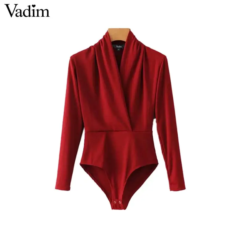 Vadim Women Basic Wine Red Bodysuits V Neck Chic Elastic Waist Long