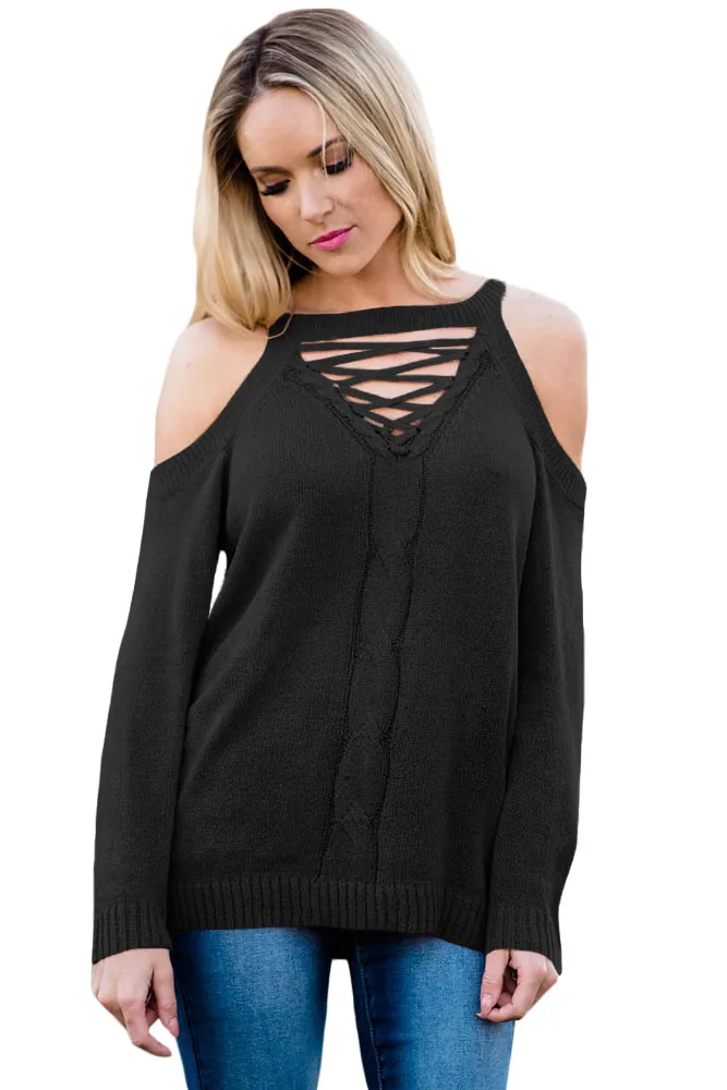 Aletterhin Womens Cold Shoulder Lace up Sweater Pullovers Female Cut ...