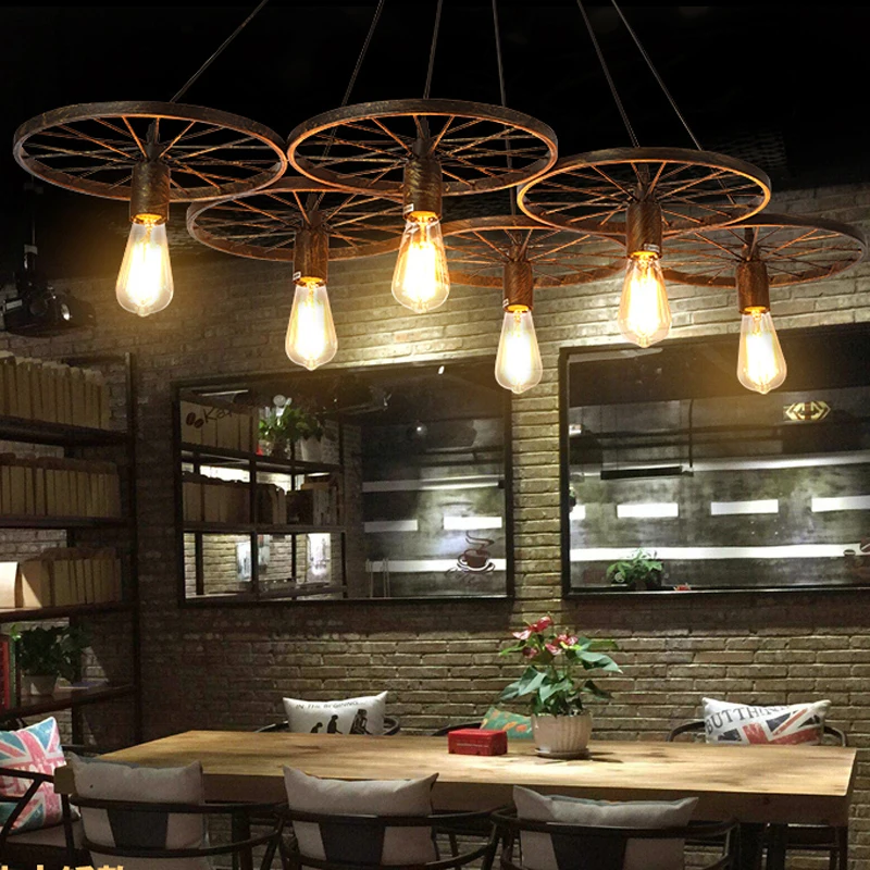 E27 Loft Metal Wheel Pendant Light Vintage Industrial Lighting American ...