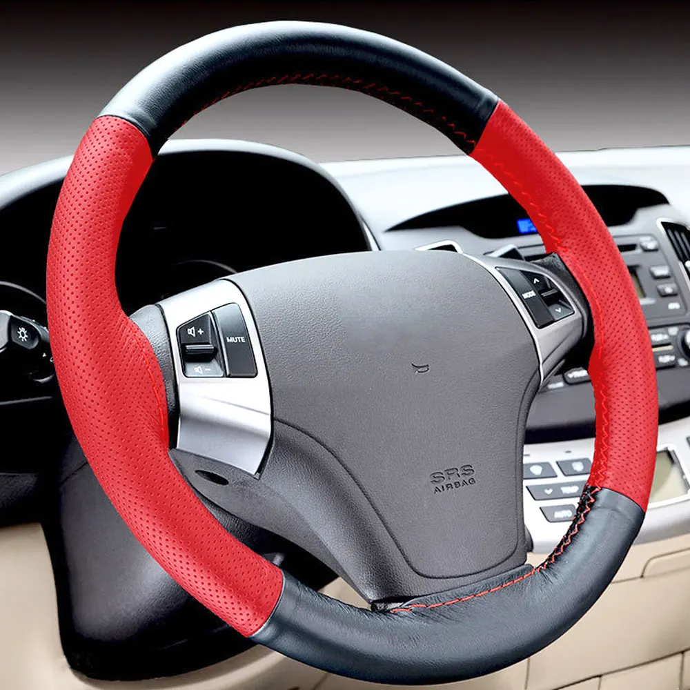 CNIKESIN Steering Wheel 38CM 100% Top Layer Leather Black Red Braid on ...