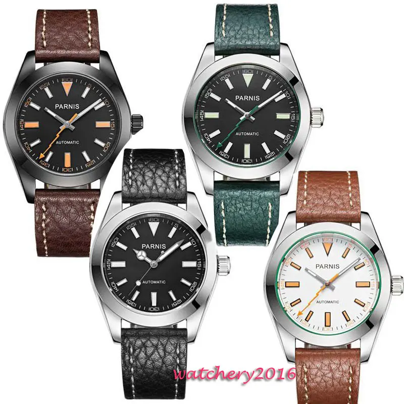 Parnis Classic Dress 40mm Black Dial Luminous Hands Top Brand Leather ...