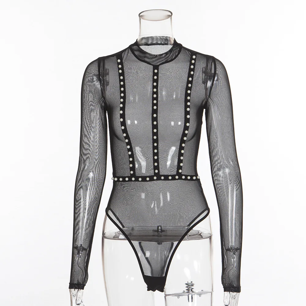 Sexy Lace Pearl Beading Mesh Bodysuit Body Feminino Women Jumpsuit See