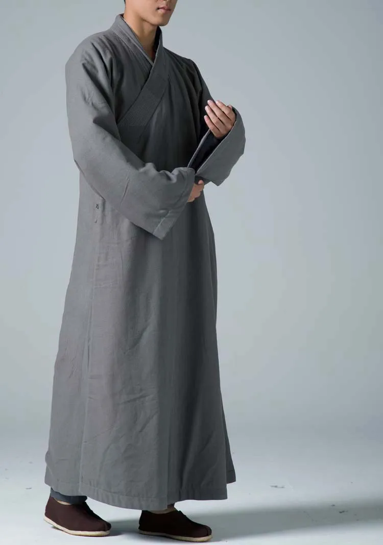 Unisex gray warm cotton&linen lay meditation gown Autumn&Winter coat ...