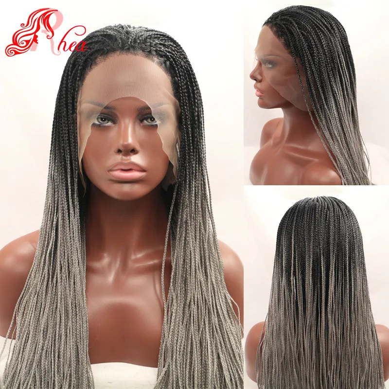 1b Grey Ombre Braided Lace Front Wigs Long Micro Braided Wigs For Black