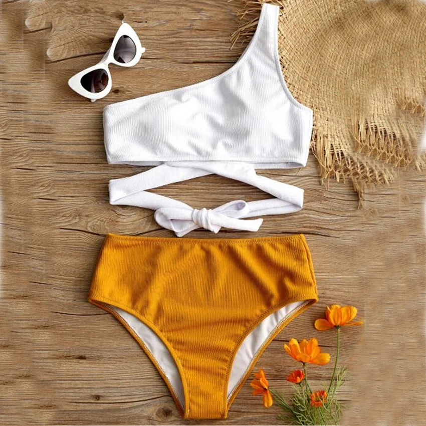 One Shoulder Two Tone Bikini Set 2019 Bandage Bikini Series Ladies Knot Swimsuit Swimsuit