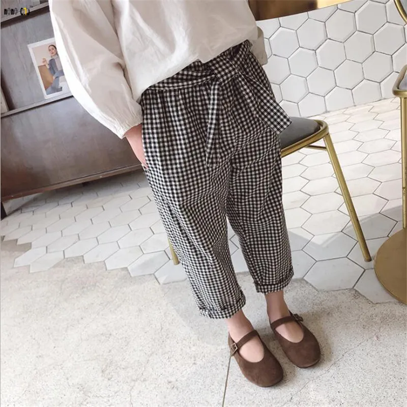 Casual Lacing Plaid Pants Girl Autumn All match Cotton Full Length ...