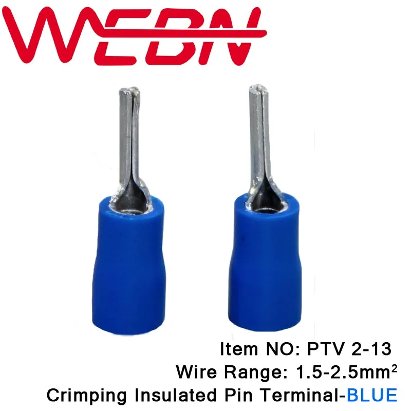 PTV2 13 Crimping Insulated Pin Terminal 0.75mm Thick Copper&PVC Material Blue for Wire Range 1.5 ...