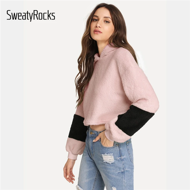 Sweatyrocks Pink Fluffy Crop Teddy Hoodie Casual Long Sleeve Hooded
