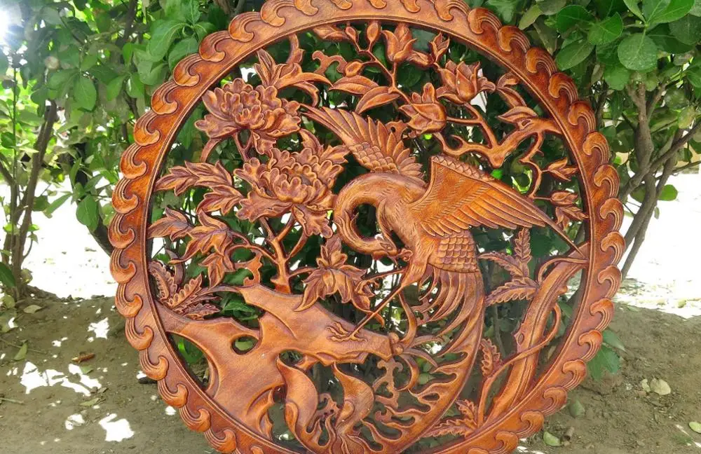 China hand made Zhangmu camphorwood carved phoenix peony sculpture ...