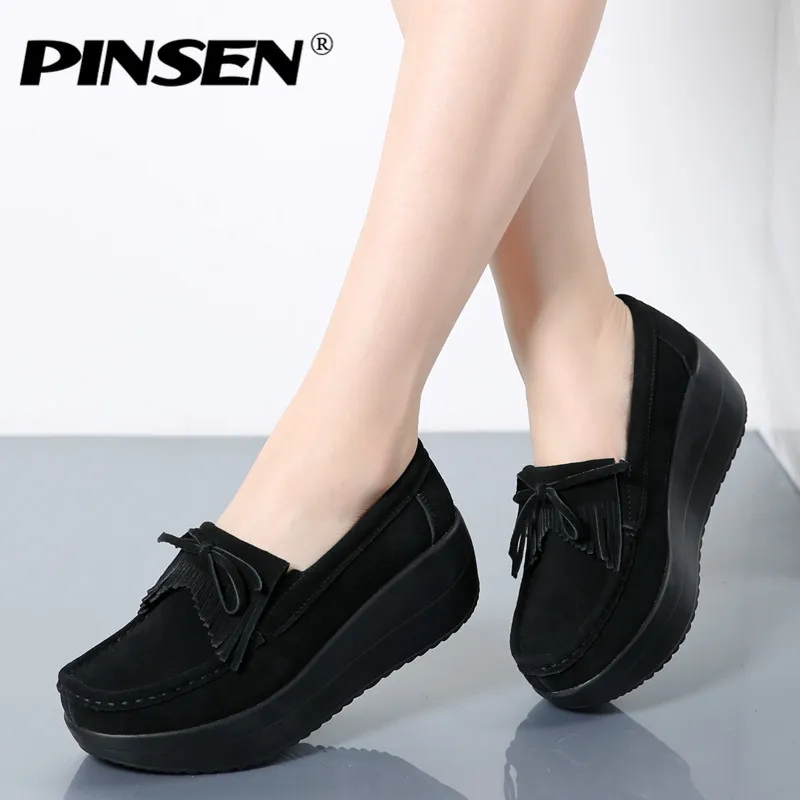 PINSEN mocasines con plataforma plana para mujer, calzado elegante de ante, con flecos, sin ...