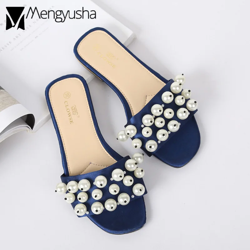 Real Silk Riband Slippers Women Pearl Crystal Decorate Slides Ladies