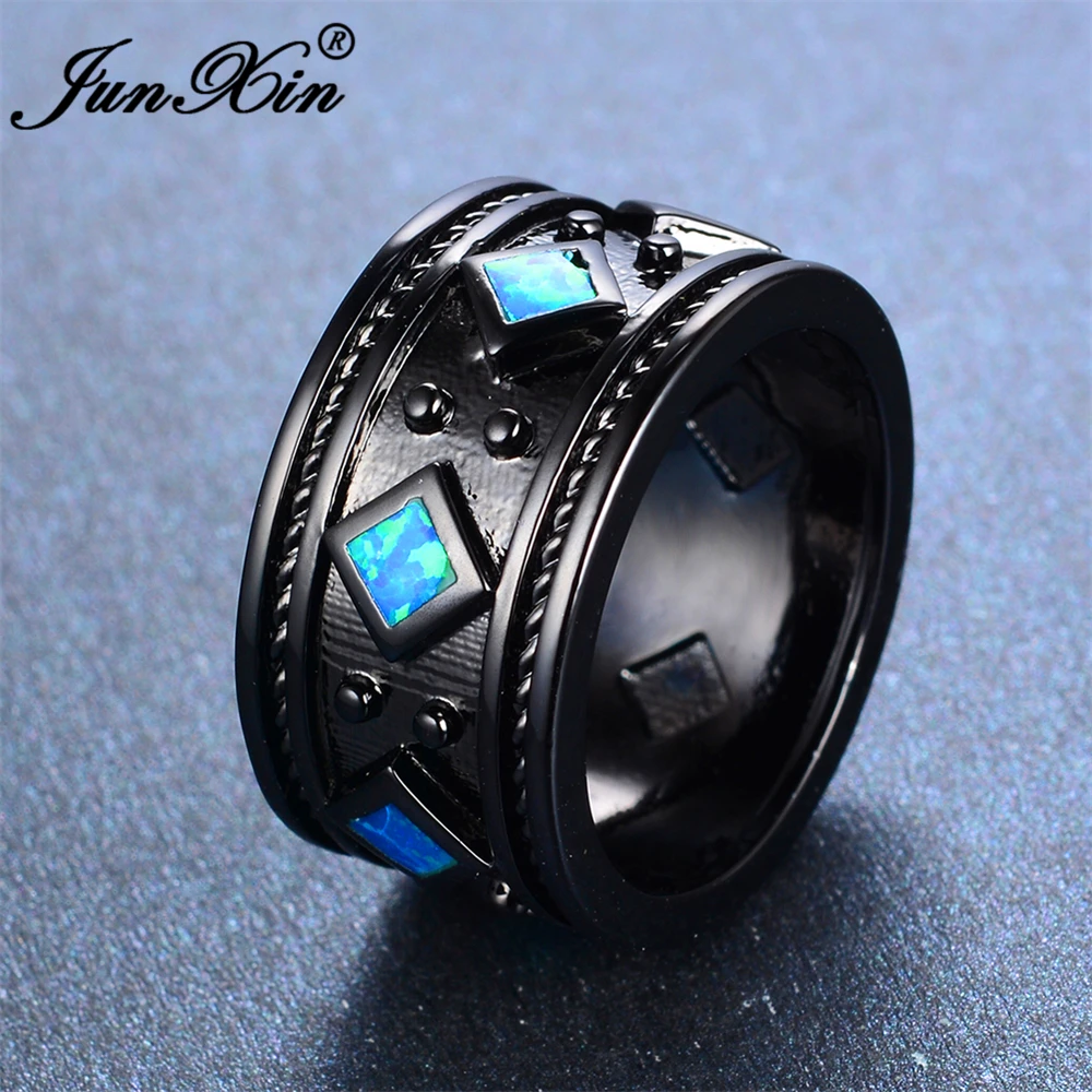 JUNXIN Female Blue & White Fire Round Opal Ring Fashion Black Gold ...