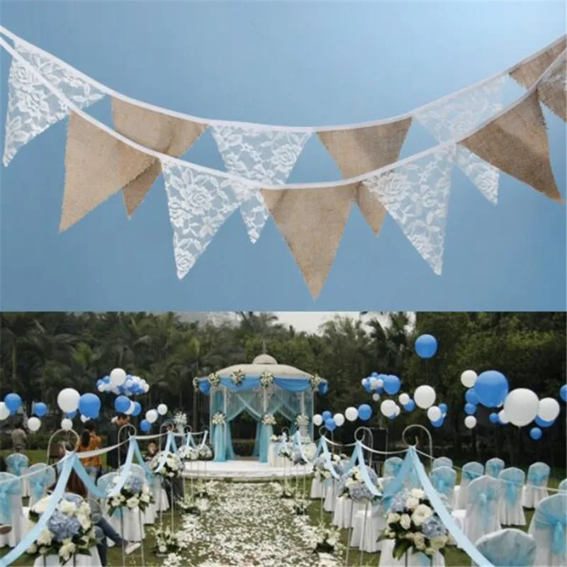 11pcs Rustic Linen Pennant Banner Hessian Bunting Mix White Floral Lace ...