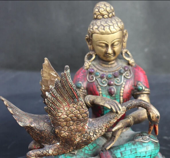 9"Tibet inlay Turquoise Coral Bronze Gilt White Tara Kwan-yin Buddha ...