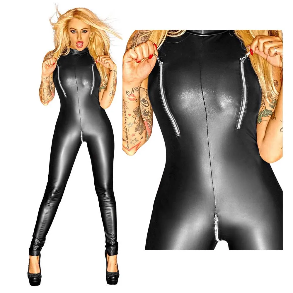 Sexy Plus Size Shiny Pu Faux Leather Zipper Open Crotch Bust Bodysuit