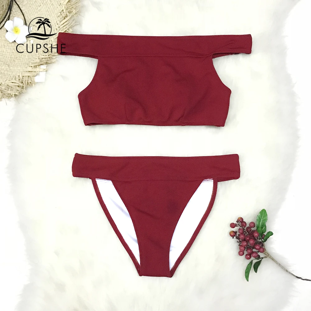 Cupshe Burgundy Off The Shoulder Bikini Sets Women Solid High Leg Thong Two Pieces Swimsuits