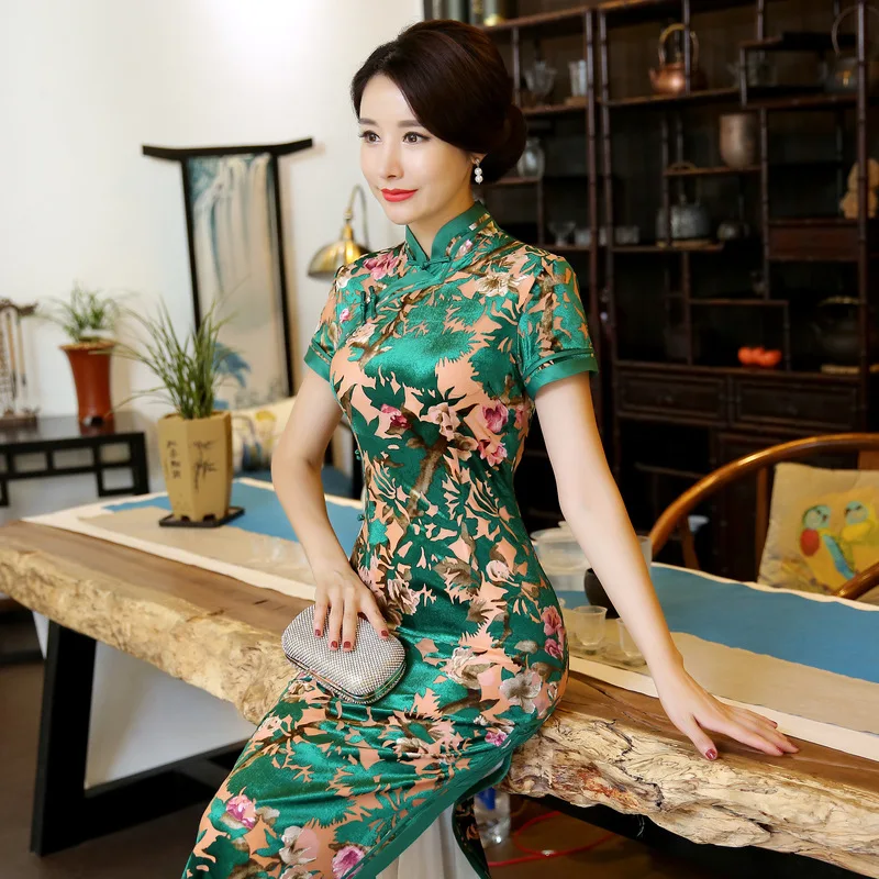 Alto color terciopelo vestido chino moda velour qipao mujer vestido de ...