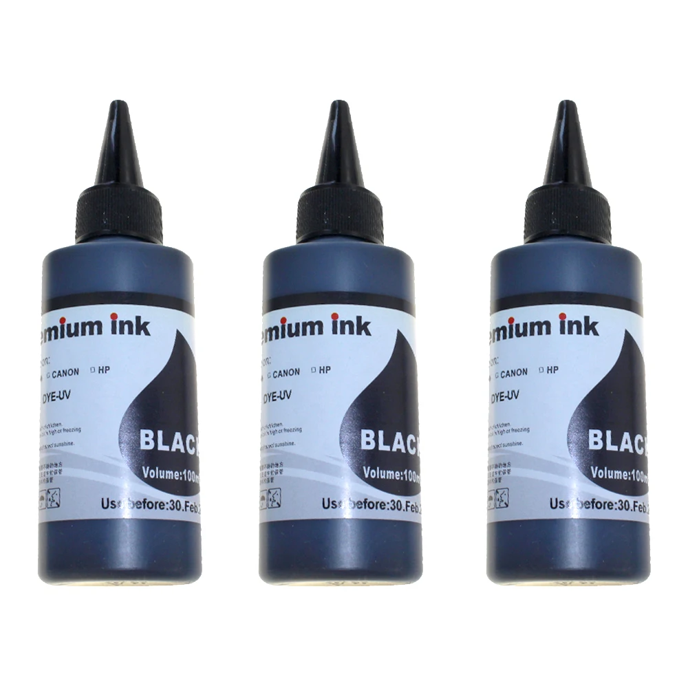 3x100ML Refillable Dye Ink Black for Epson Canon HP Brother Lexmark ...