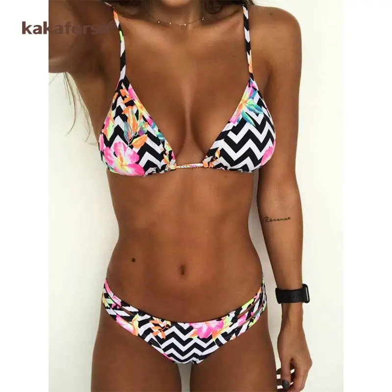Kakaforsa Stripe Print Bikini Set Sexy Low Waist Flower Bikini Womentwo Piece Swimwear Bathing