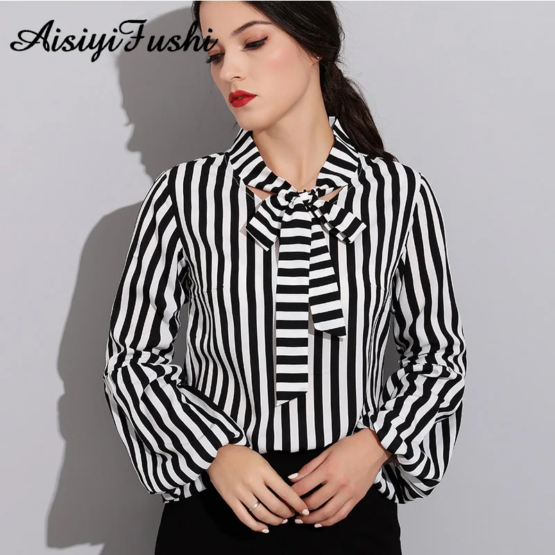 Womens Fall Tops Elegant Bow Striped Shirt Ladies Office Work Long