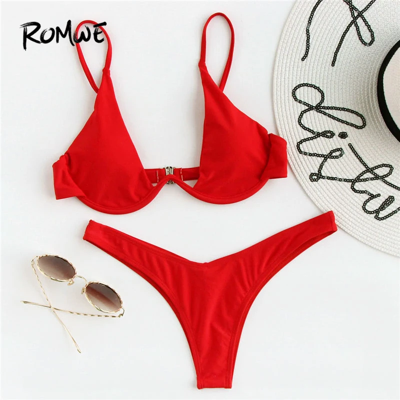 Romwe Sport Red Sexy Plunge Neck Push Up Bikinis Top With High Cut